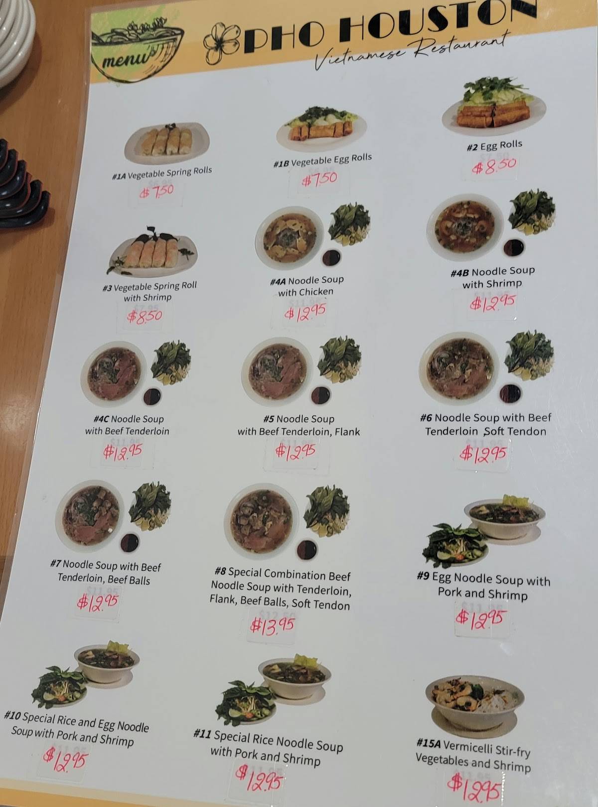 Menu at Phở Houston restaurant, McAllen