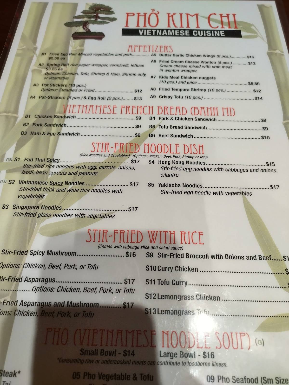 Menu at Pho Kim Chi restaurant, Poulsbo