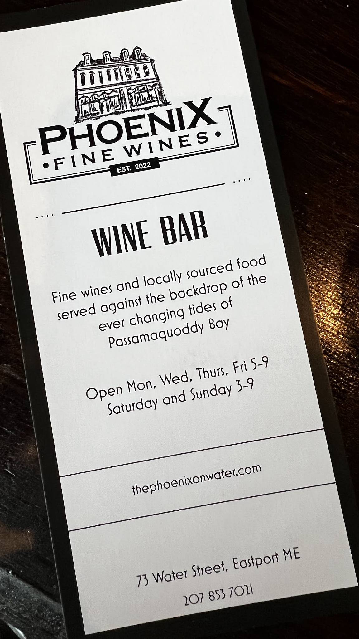 Menu at Phoenix Fine Wines pub & bar, Eastport