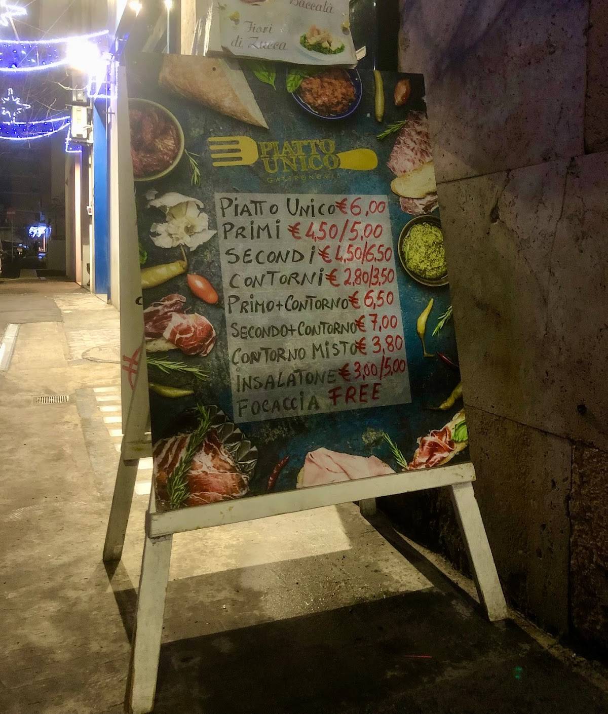 Menu at Piatto Unico restaurant, Rome