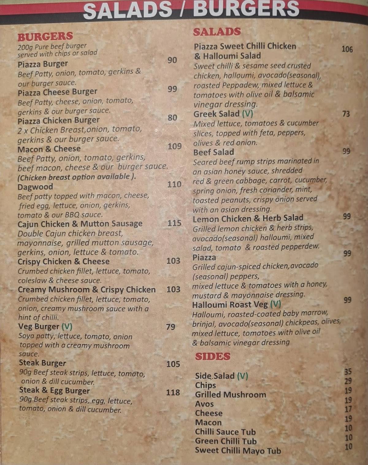 Menu at Piazza Cafe, Lenasia