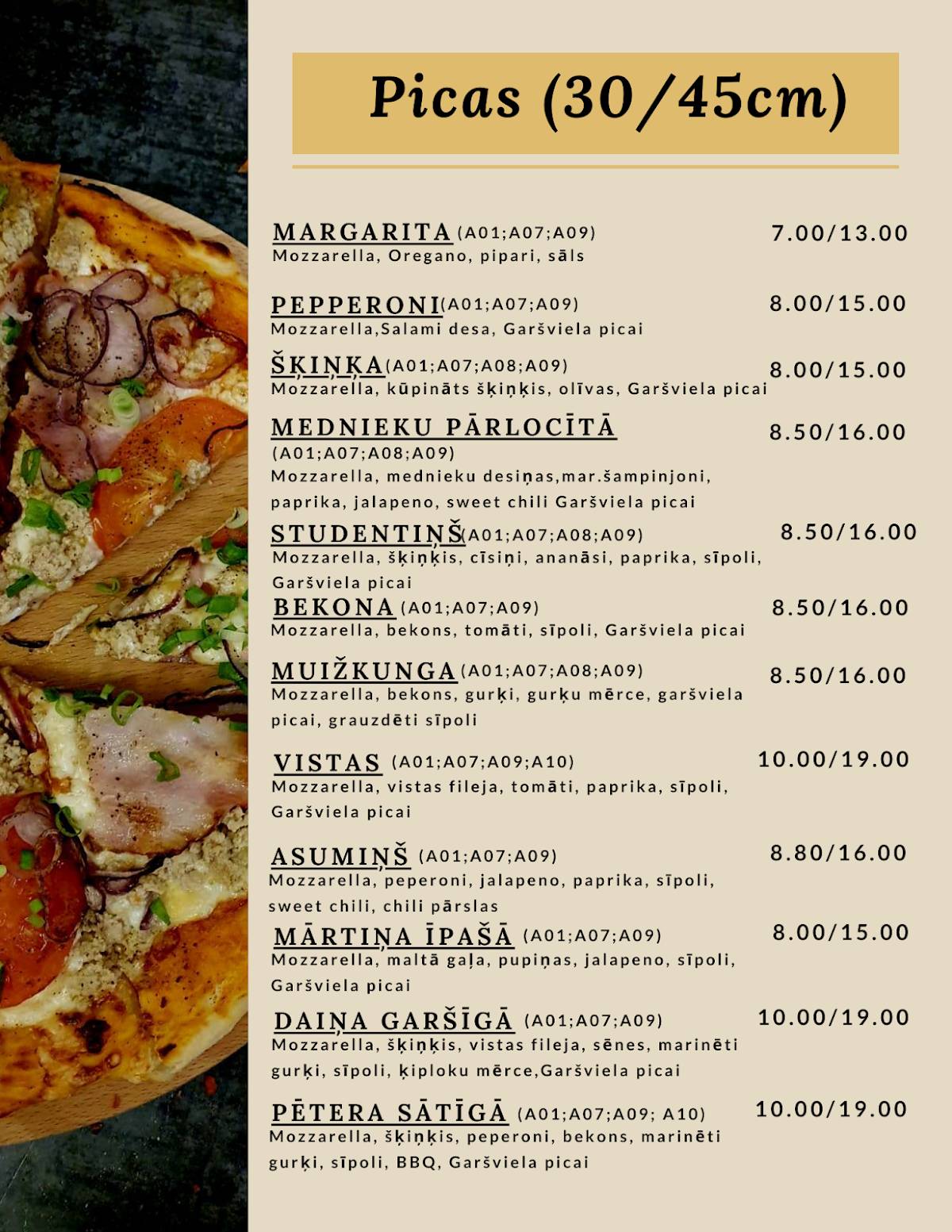 Menu at Picas Namiņš restaurant, Viesīte