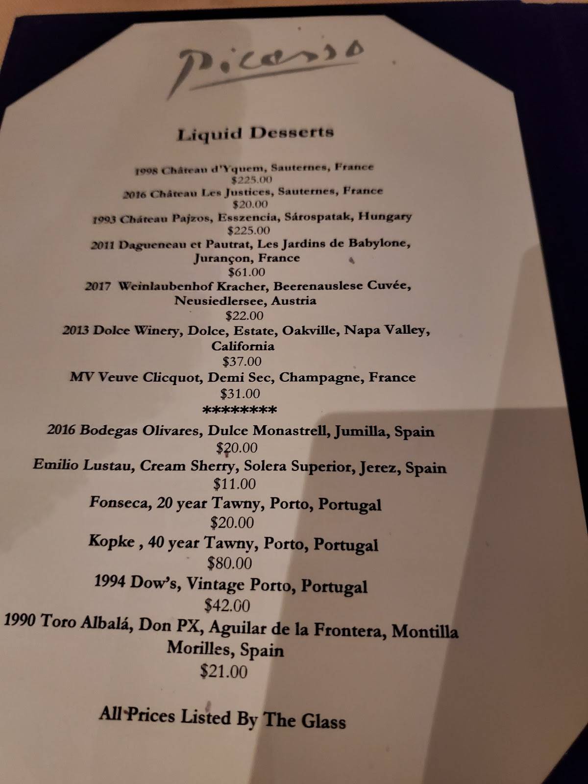 Menu at Picasso pub & bar, Las Vegas