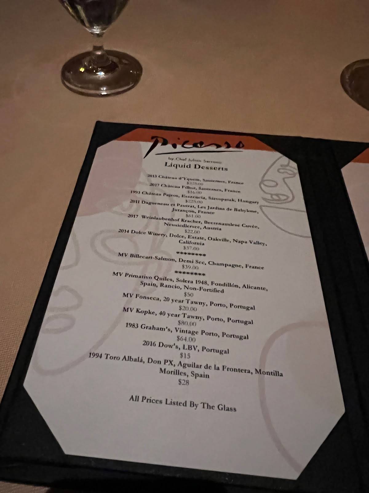 Menu at Picasso pub & bar, Las Vegas