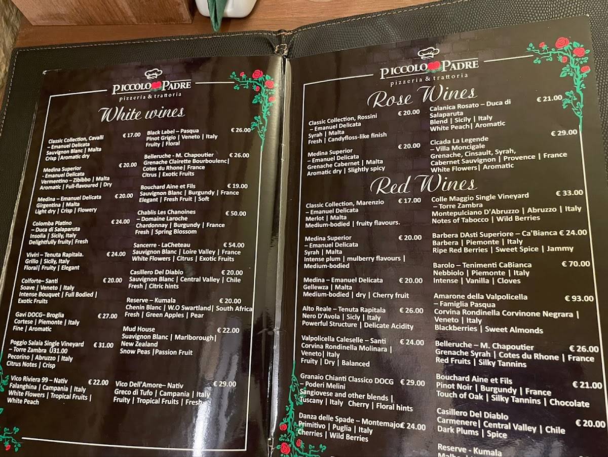Menu at Piccolo Padre restaurant, Saint Julian's
