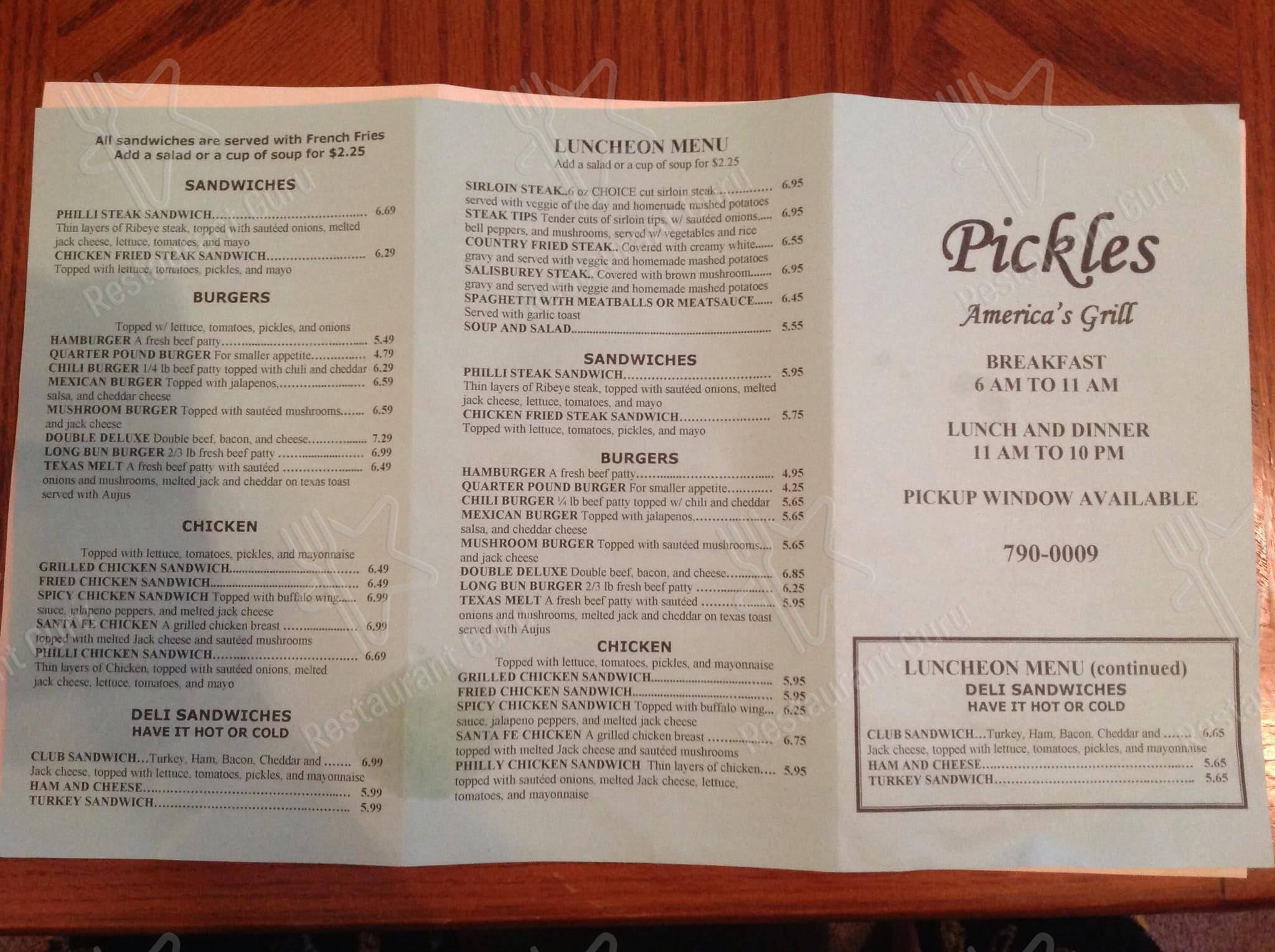 Menu at Pickles: America's Grill restaurant, Moore, N Moore Ave