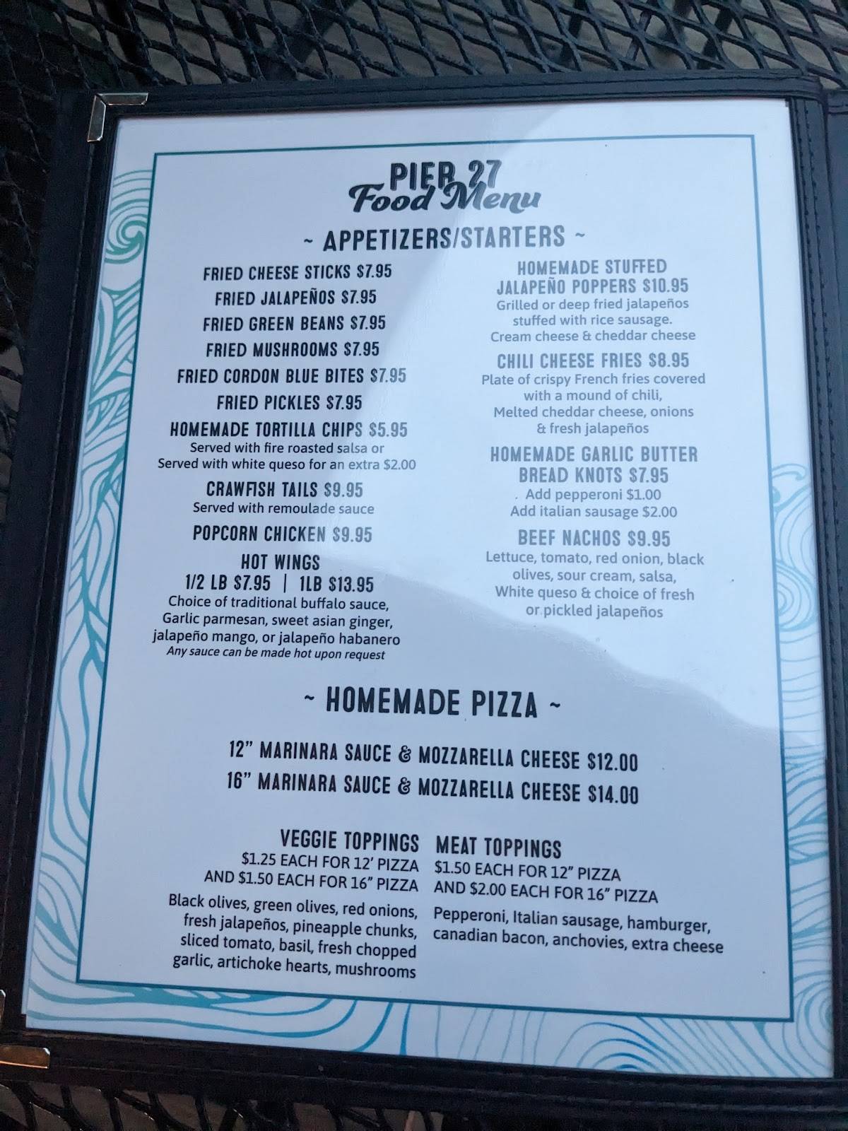 Menu at Pier 27 River Lounge & 8 Ball Pizzeria, Kerrville