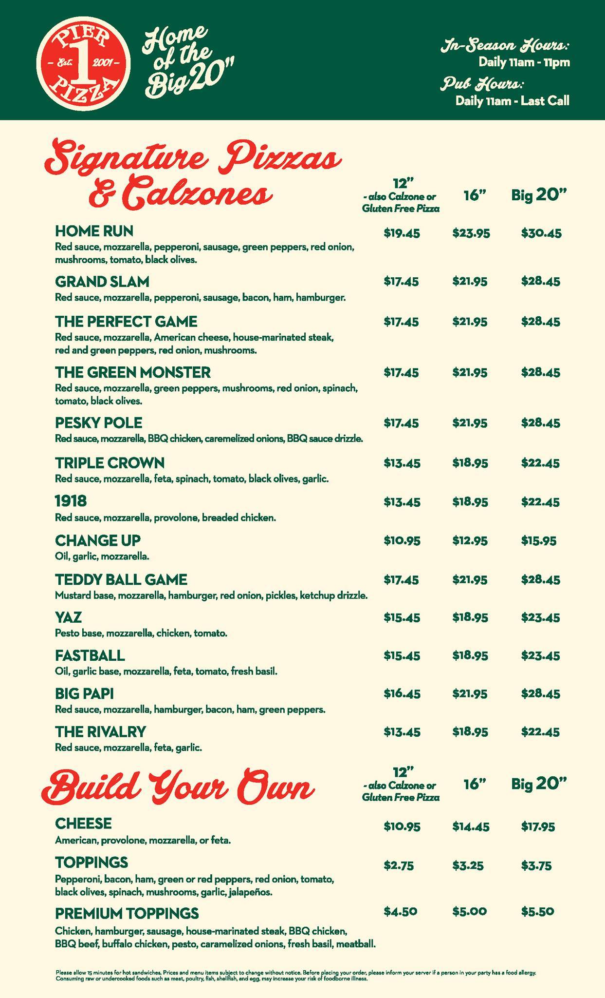 Menu at Pier One Pizza pizzeria, Boothbay Harbor