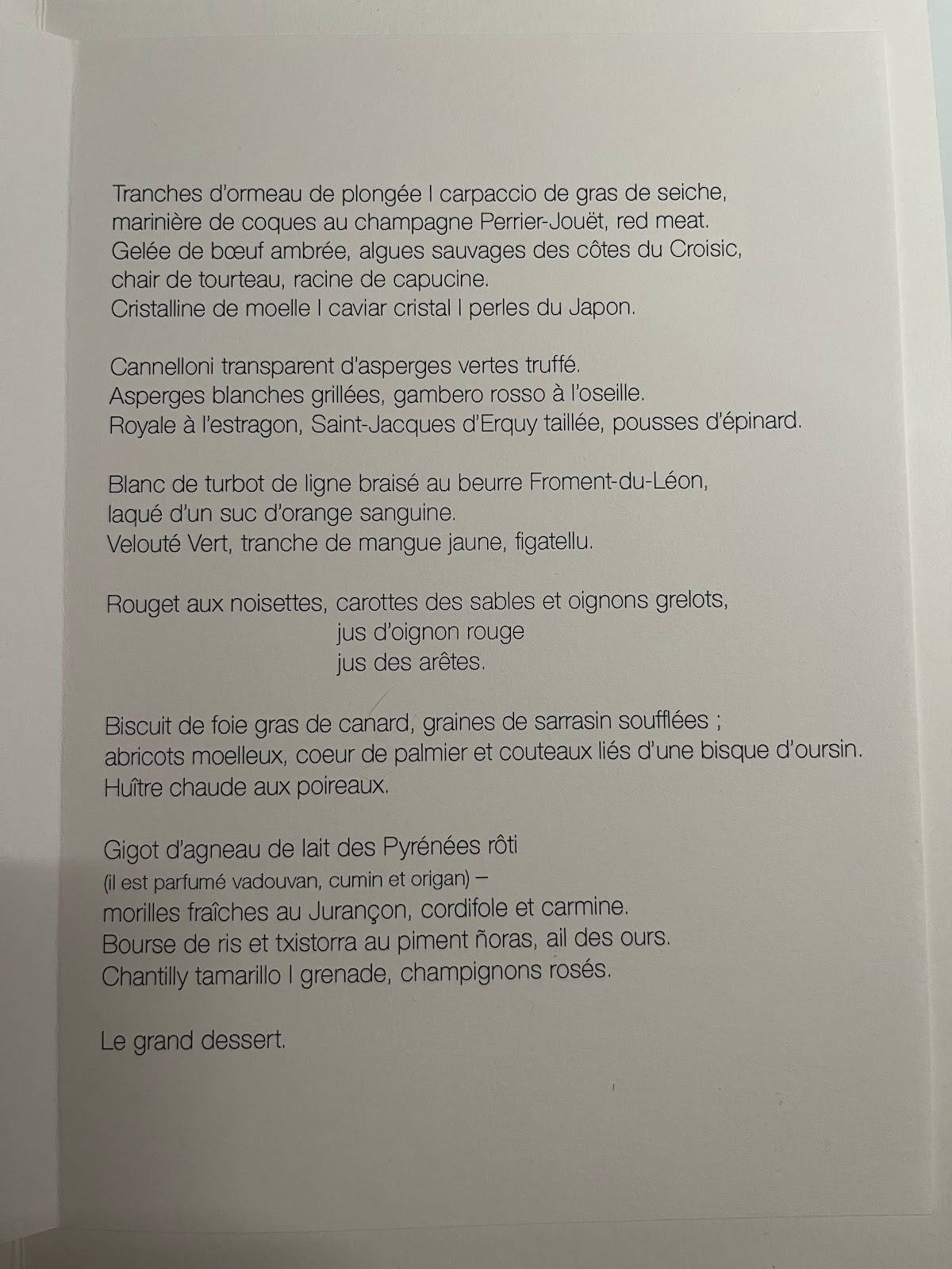 Carta del restaurante Pierre Gagnaire, Paris