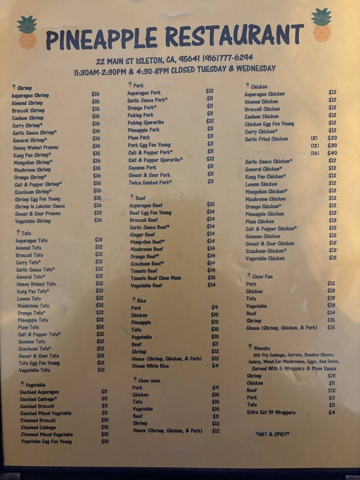 Menu at Pineapple Restaurant, Isleton