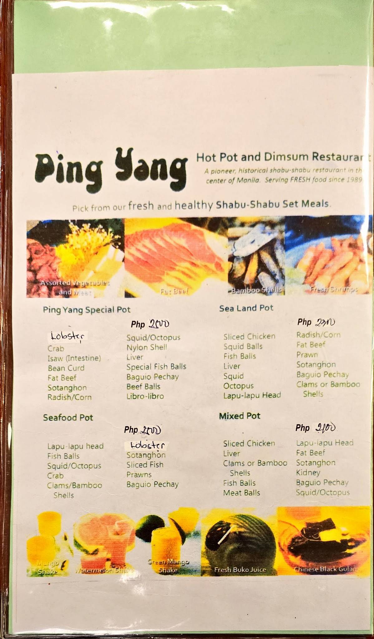 Menu at Ping Yang Hot Pot restaurant, Manila