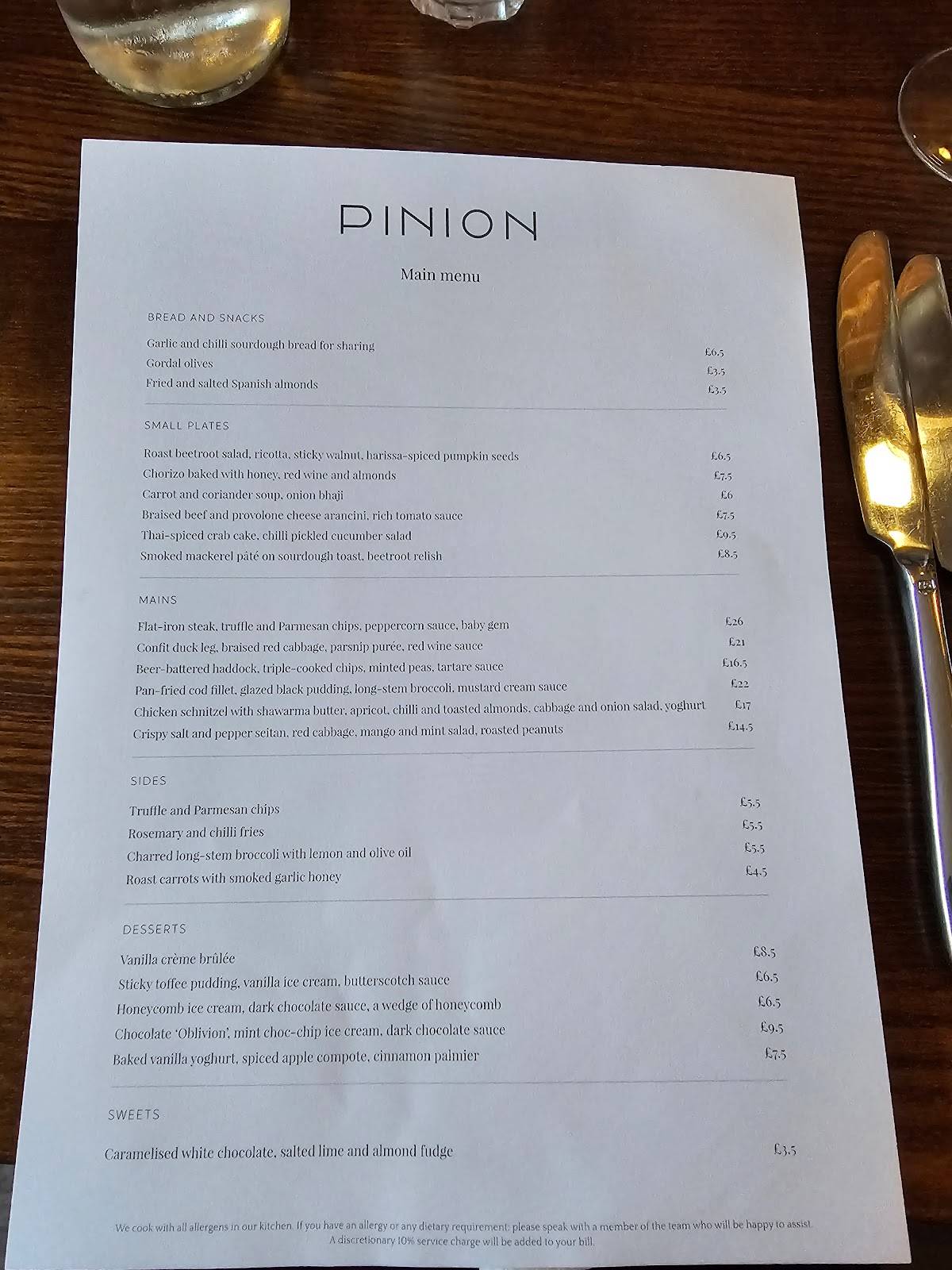 Menu at Pinion Bistro restaurant, Prescot
