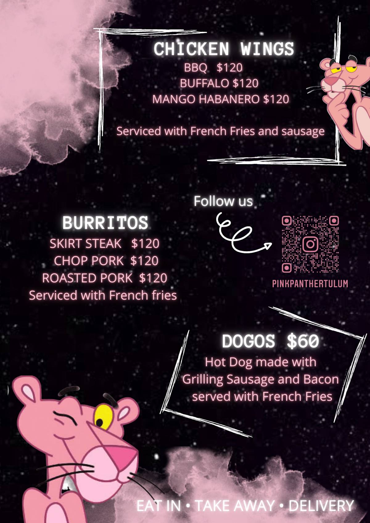 Menu at Pink Panther Burgers & Chicken, Tulum restaurant, Tulum