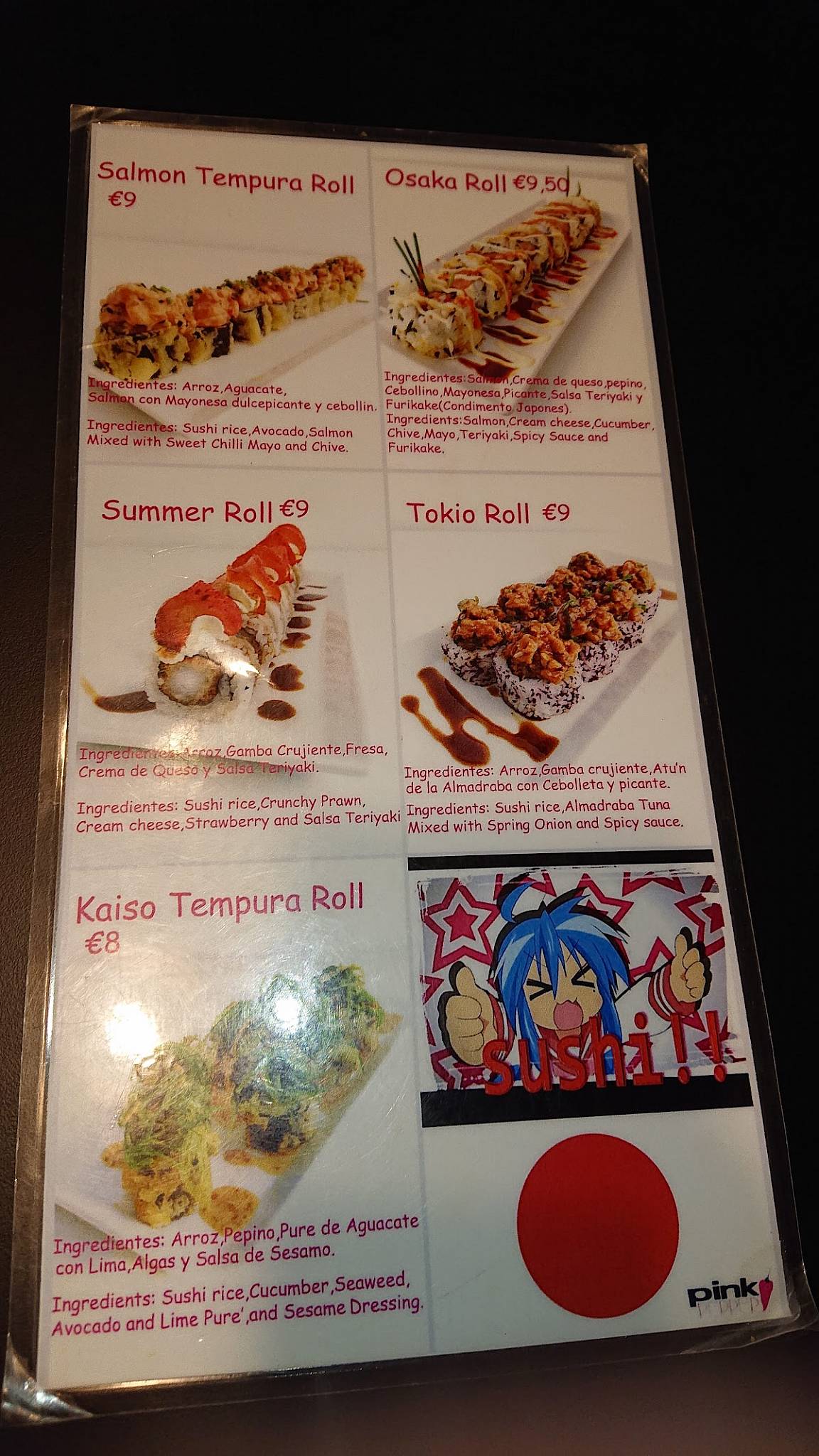 Menu at Pink Pepper restaurant, Rota, Av. de la Diputación