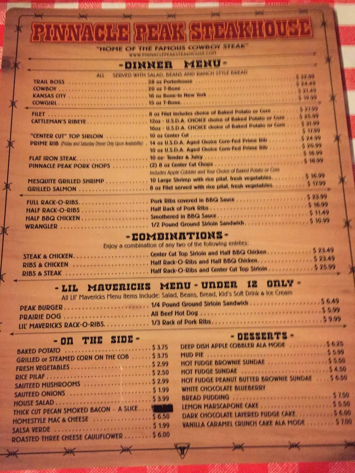 Menu at Pinnacle Peak Steakhouse, San Dimas