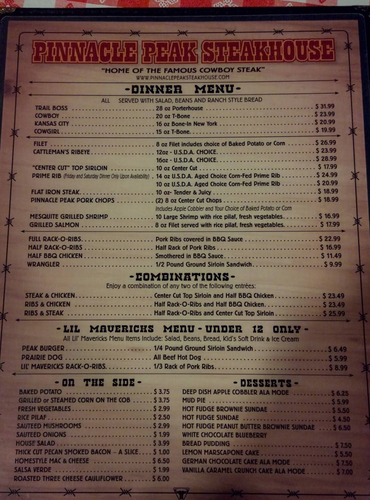 Menu at Pinnacle Peak Steakhouse, San Dimas