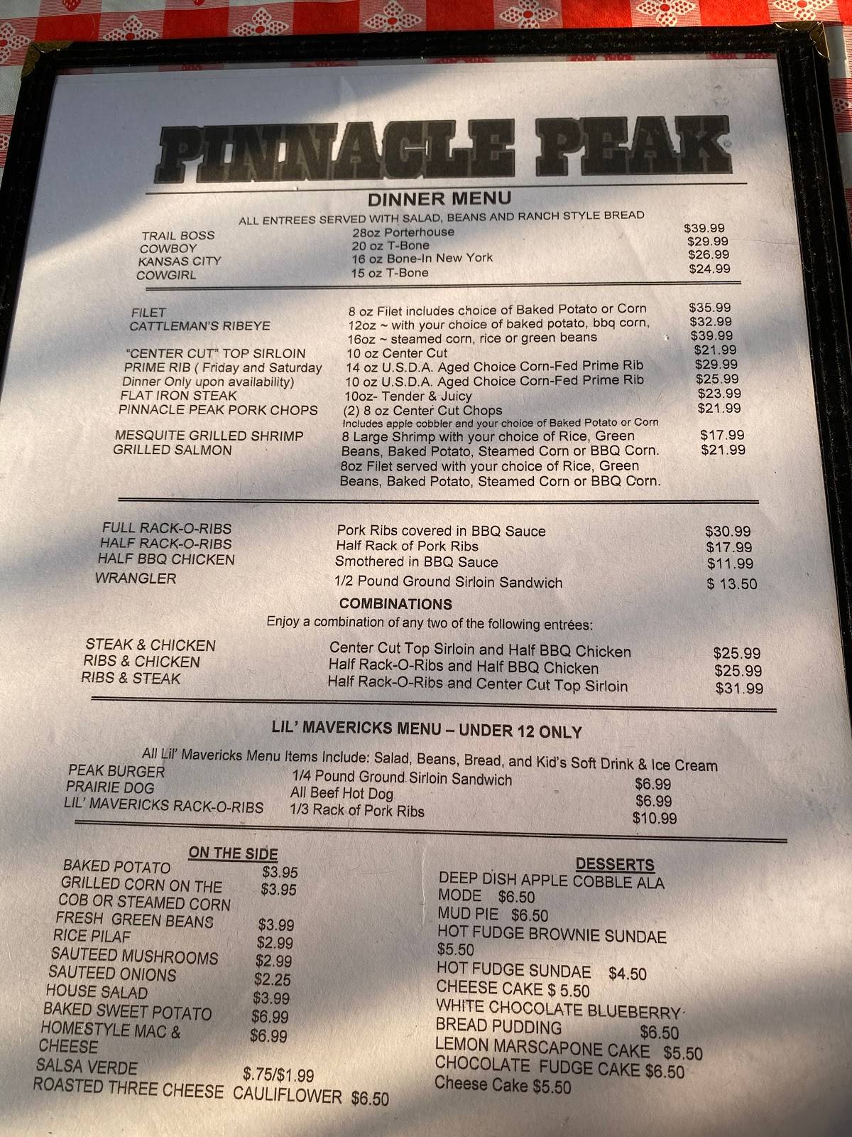 Menu at Pinnacle Peak Steakhouse, San Dimas