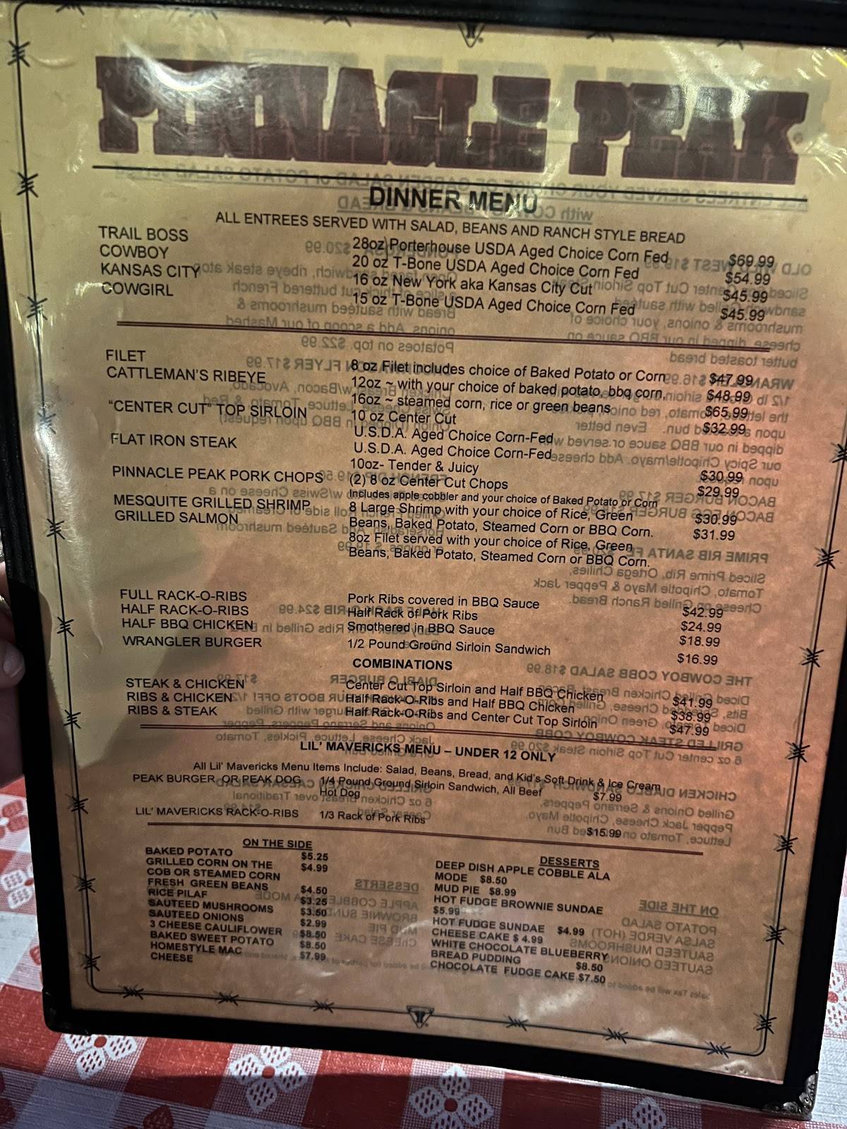 Menu at Pinnacle Peak Steakhouse, San Dimas