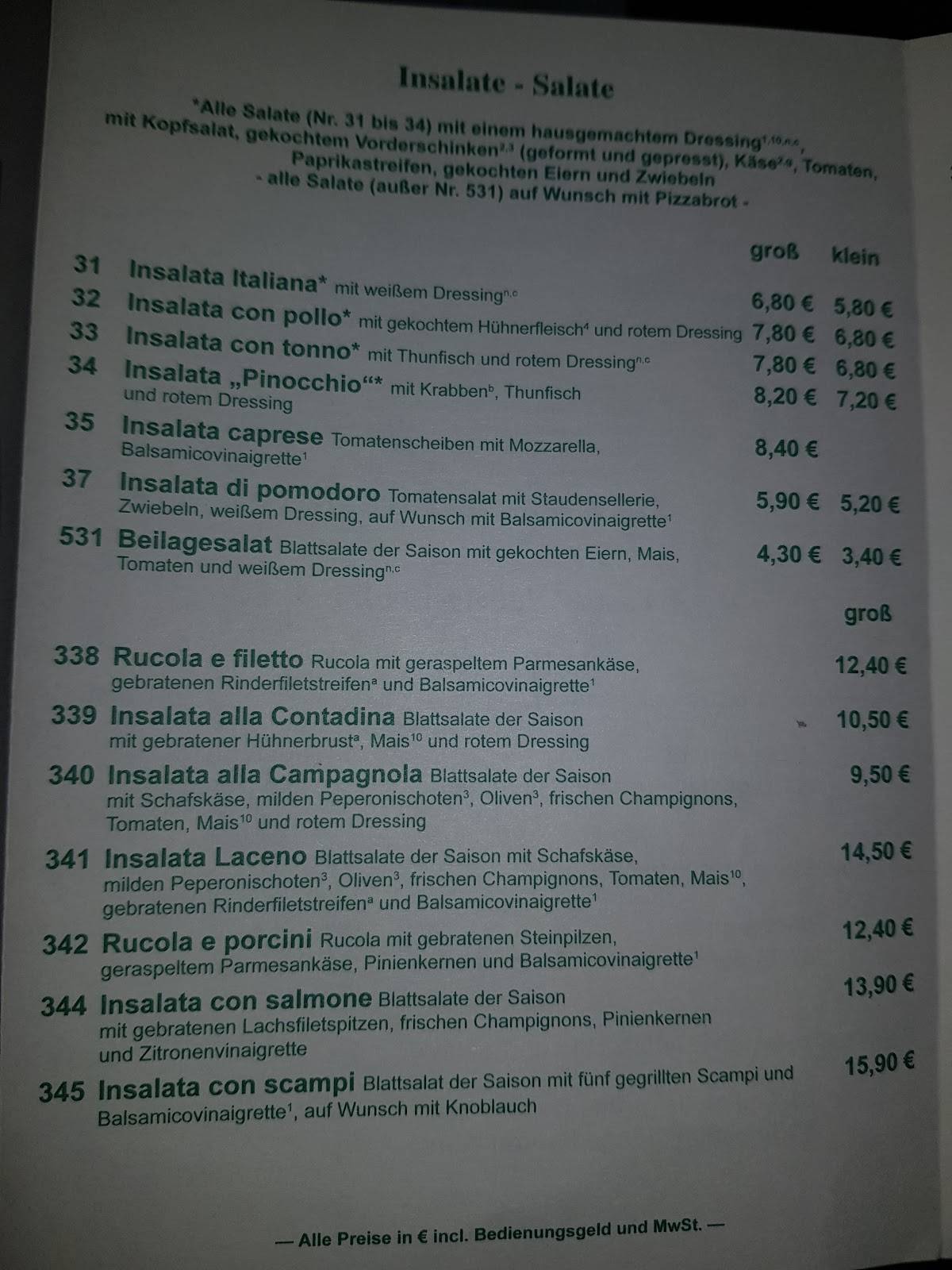 Speisekarte von Pinocchio pizza, Konz
