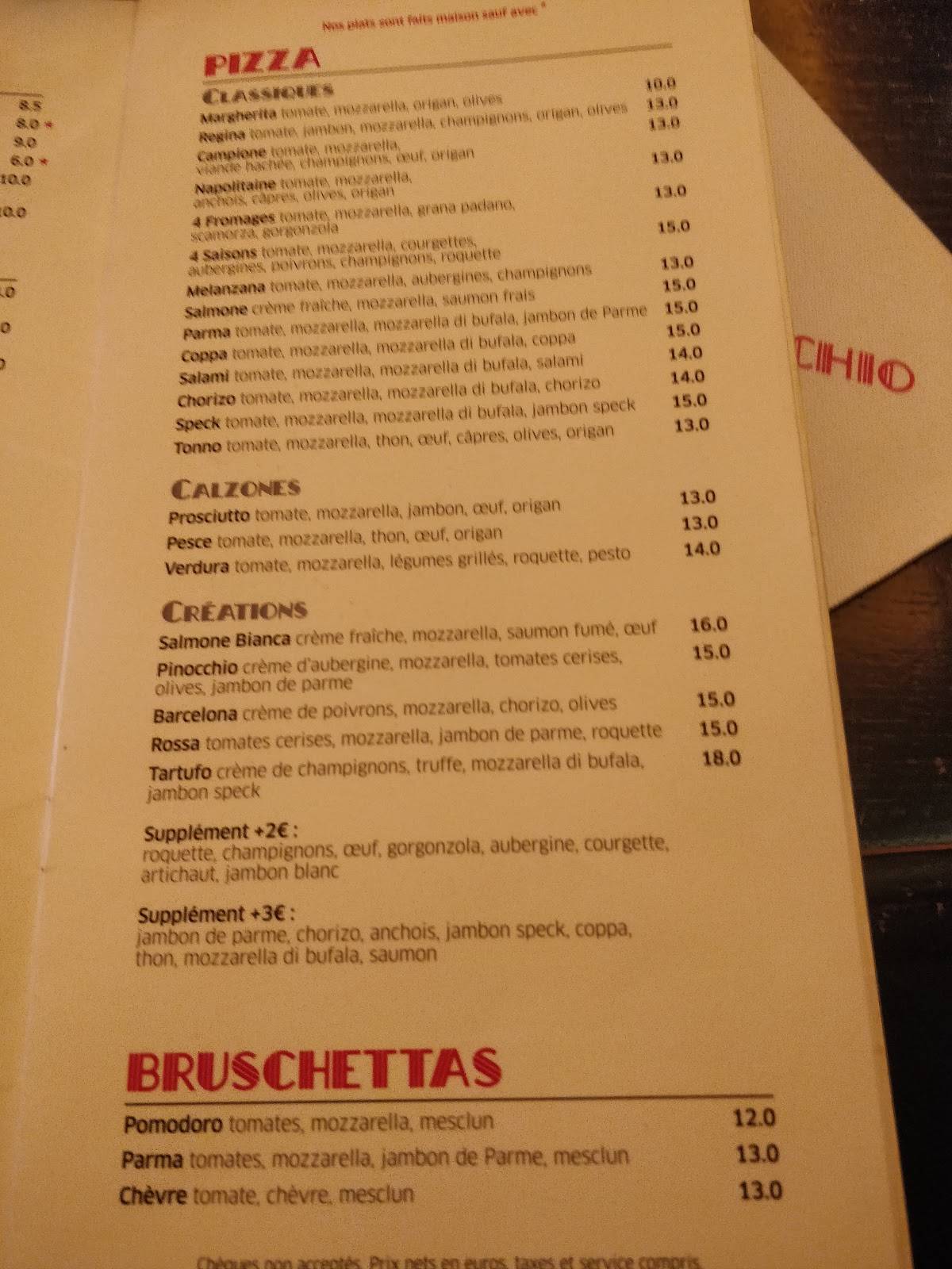 Carta de pizzería Pinocchio, Paris, 19 Bd Edgar Quinet
