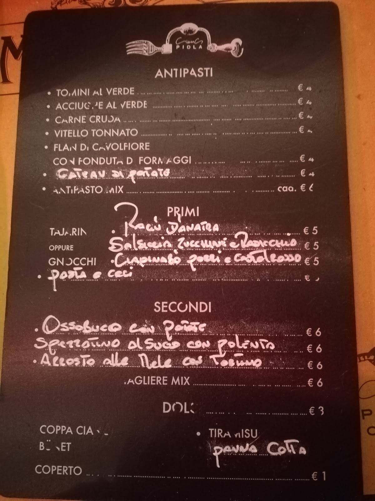 Menu da Piola da Cianci ristorante, Torino
