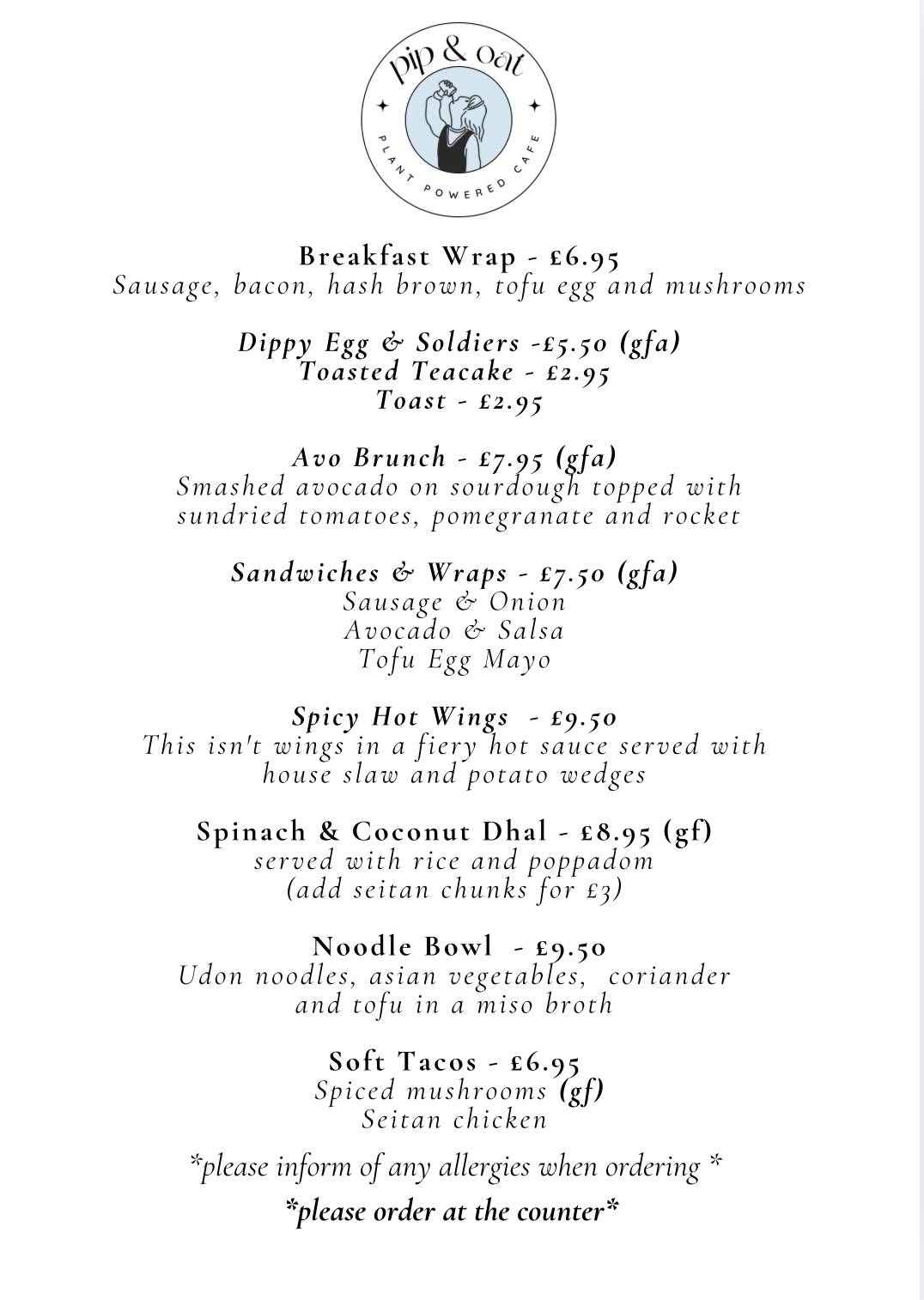 Menu at Pip & Oat cafe, Llandudno