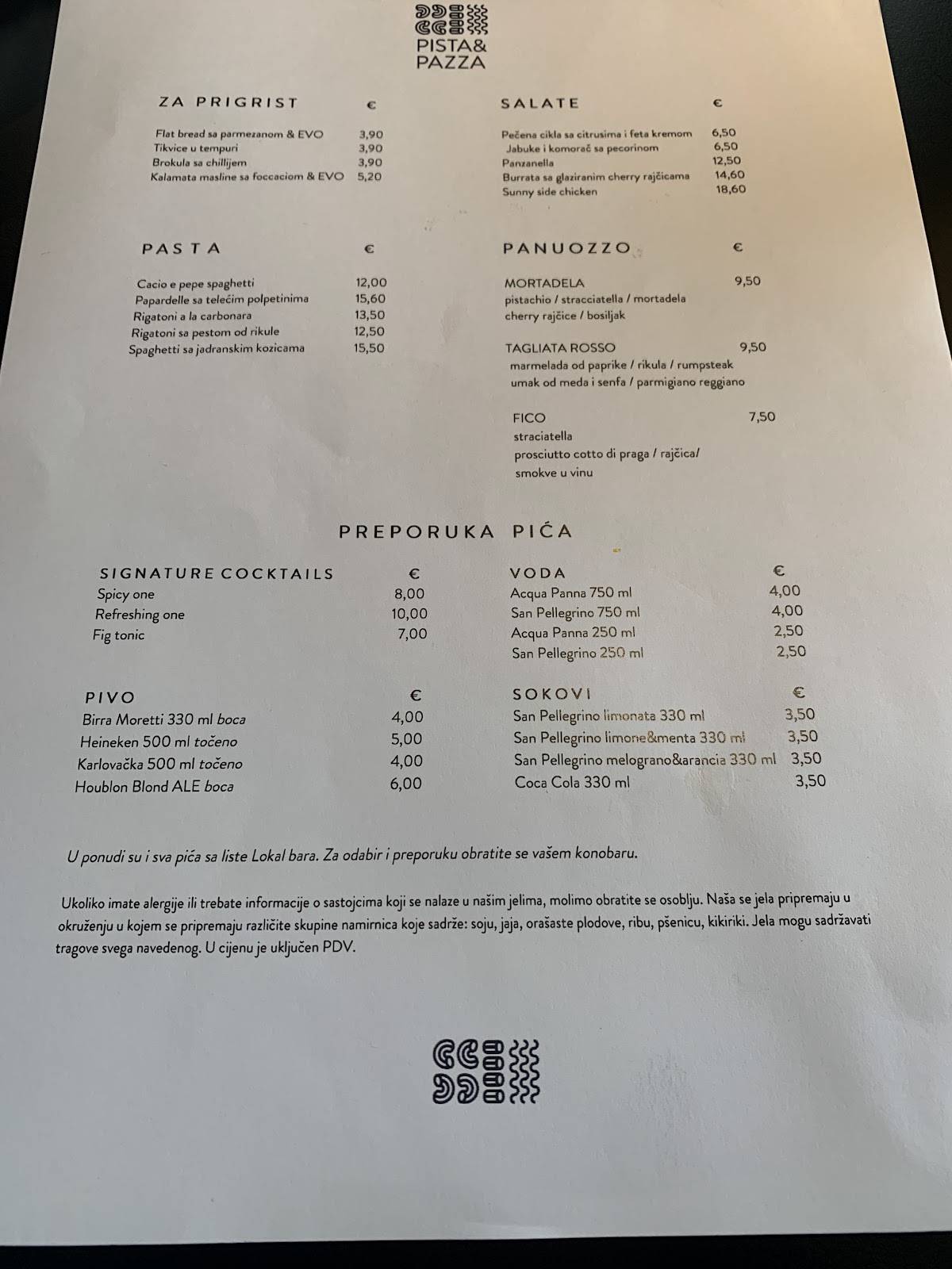 Menu at Pizza One restaurant, Mlini