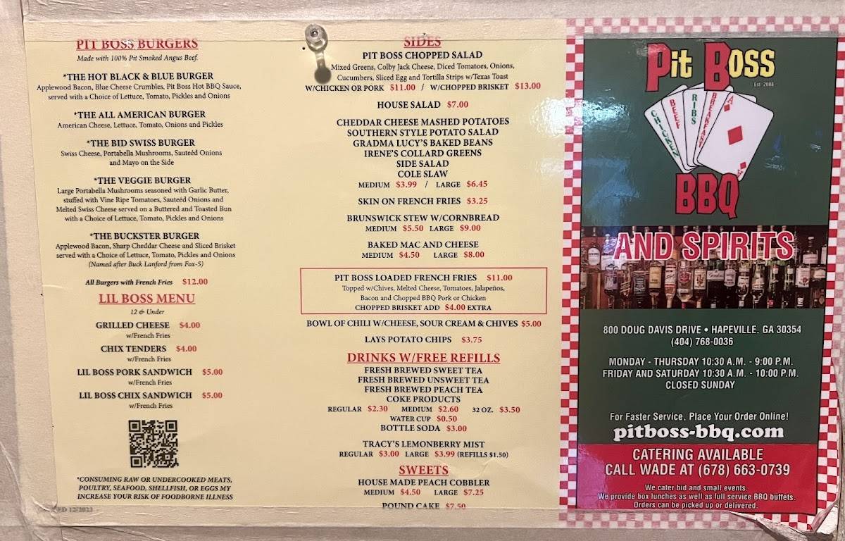 Menu at Pit Boss BBQ, Hapeville