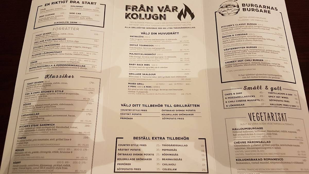 Menu at Pitcher's pub & bar, Gothenburg