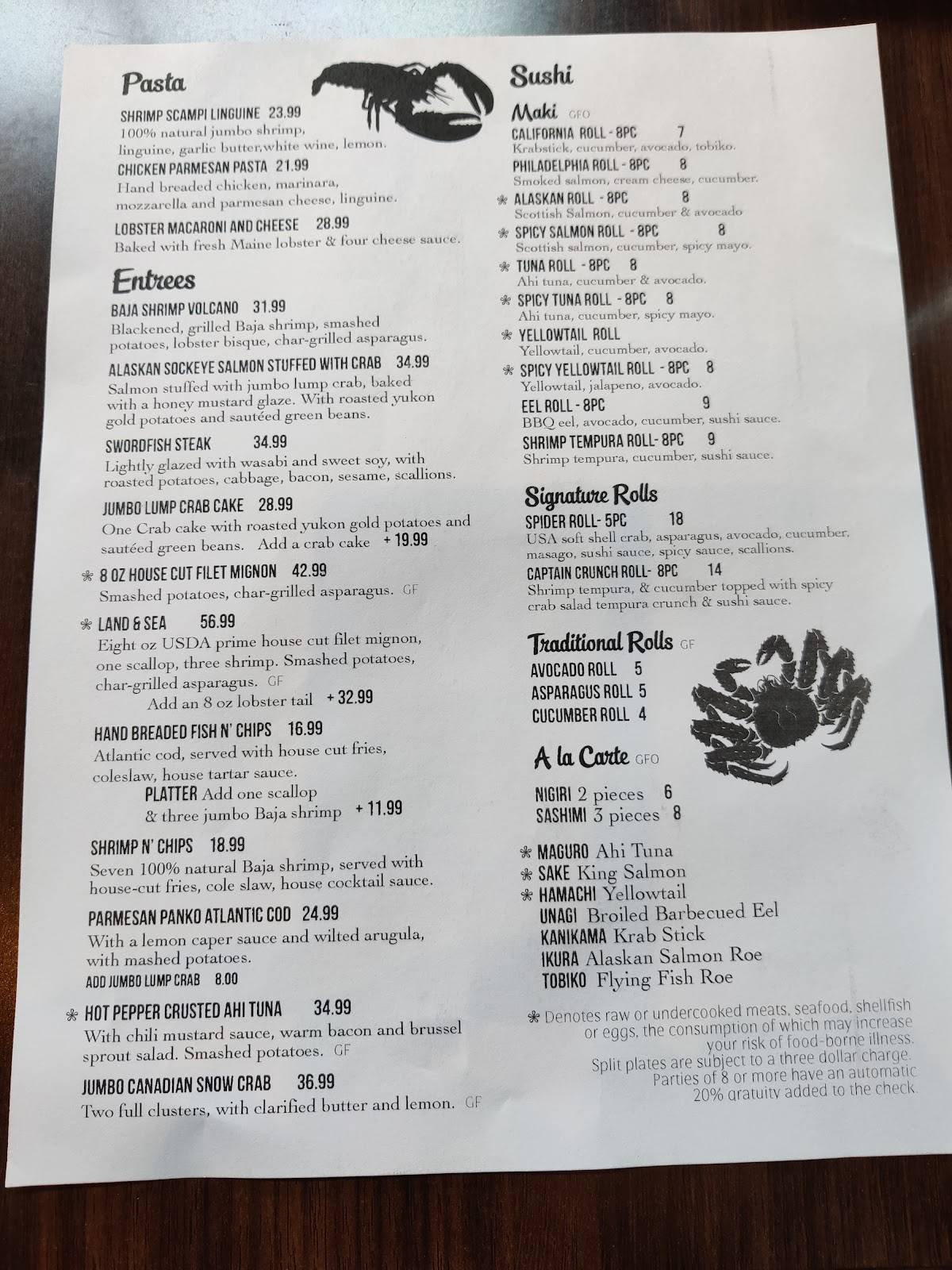 Menu at Luke Wholey's Wild Alaskan Grille restaurant, Pittsburgh