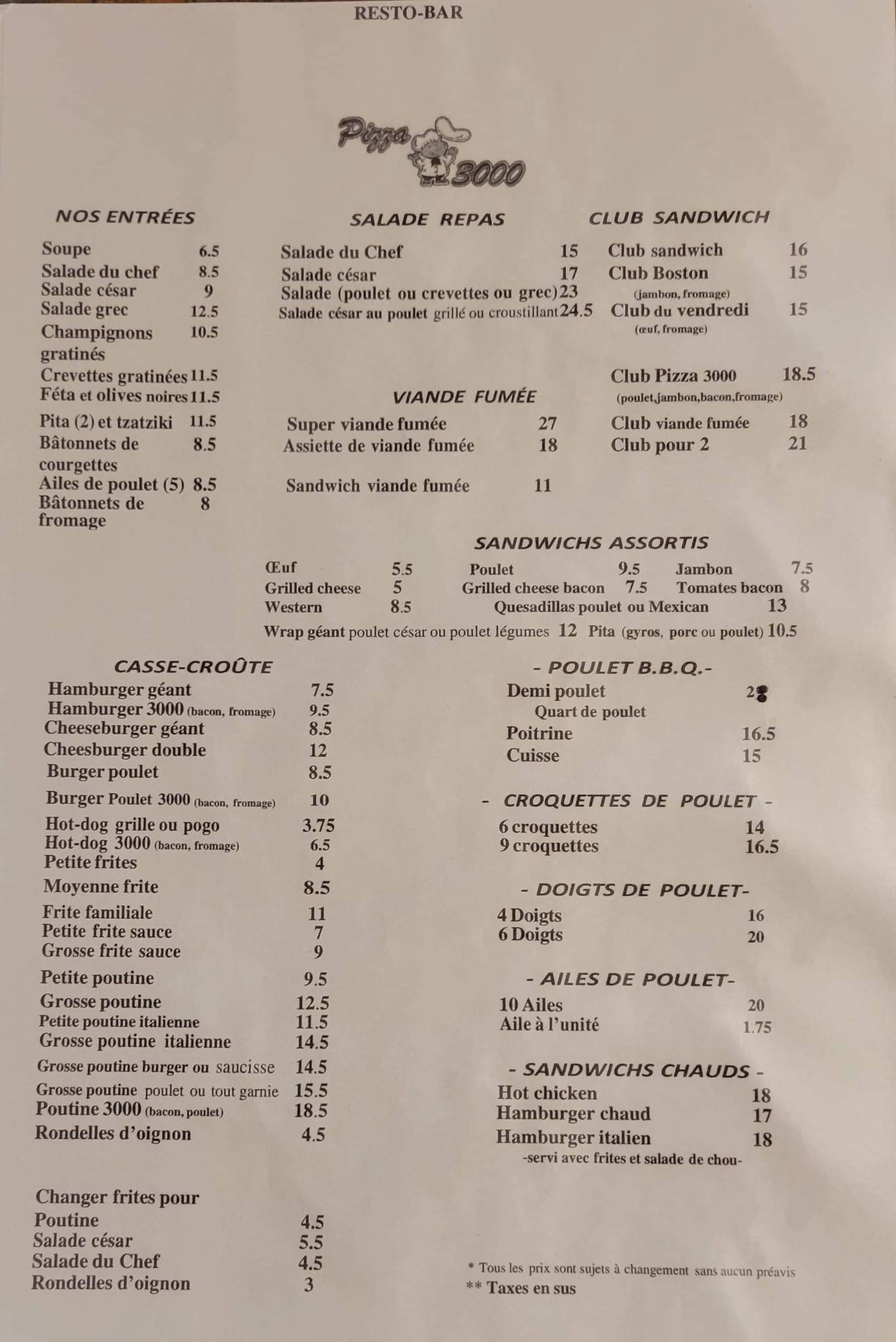 Menu au Resto Bar Pizza 3000, Canada