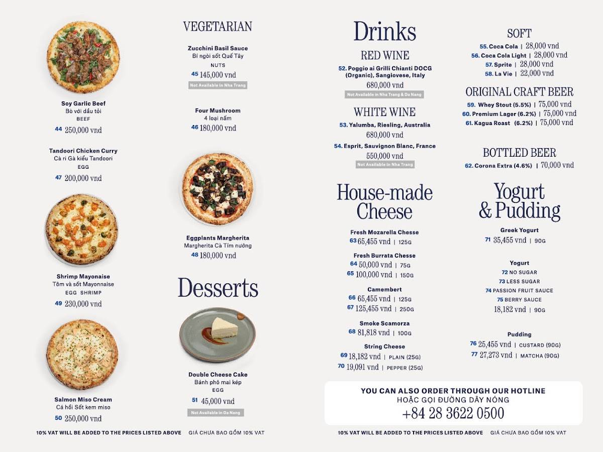 Menu at Pizza 4P’s Landmark Hanoi restaurant, Hanoi, Lầu 1