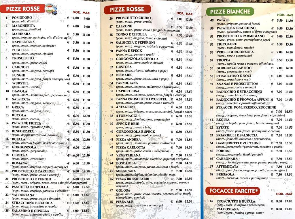 Menu at Pizza Italia Break pizzeria, Oulx
