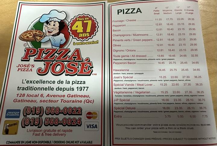 Menu au Pizza Jose pizzeria, Gatineau