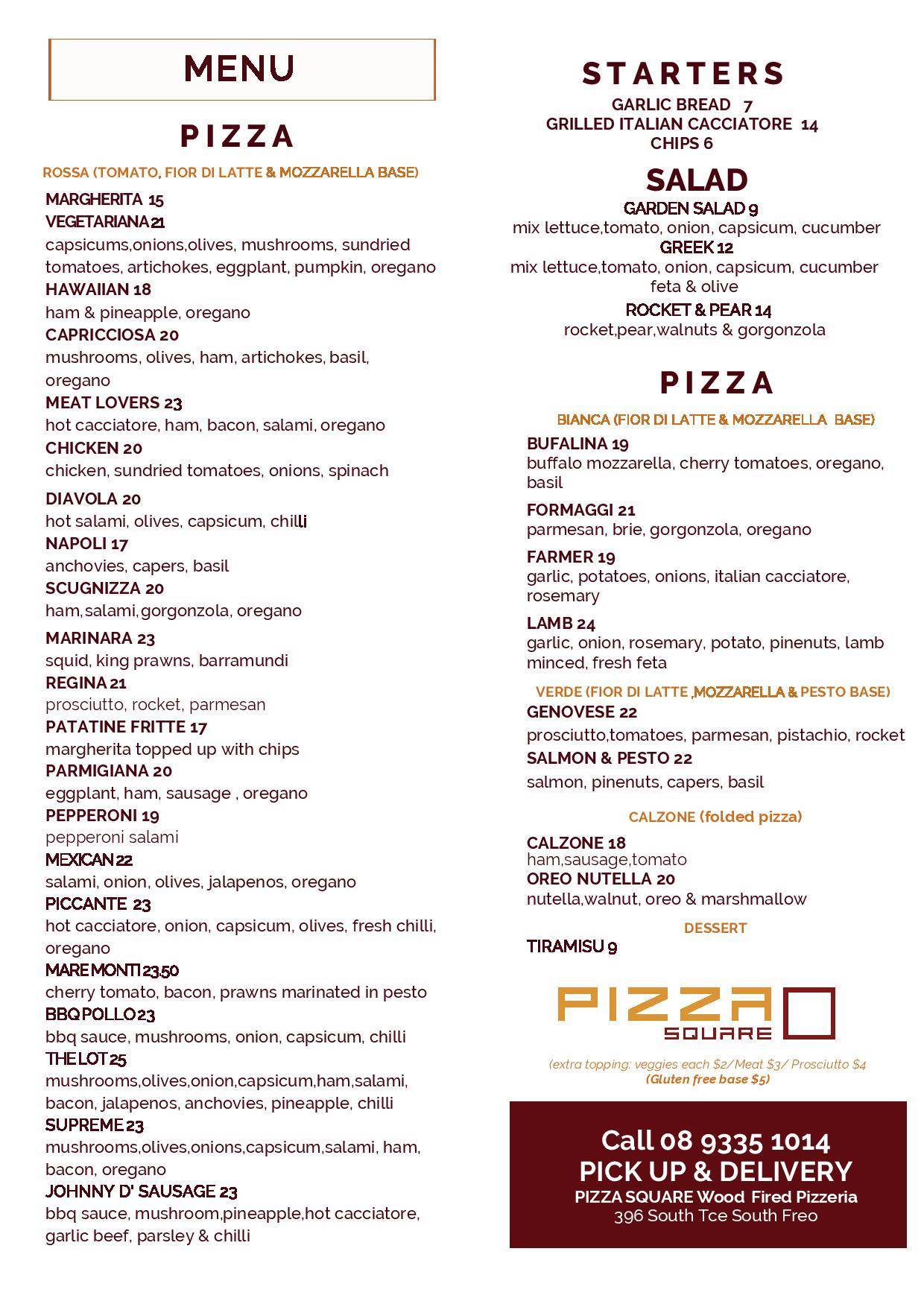 Menu at Pizza Square 388 pizzeria, Beaconsfield