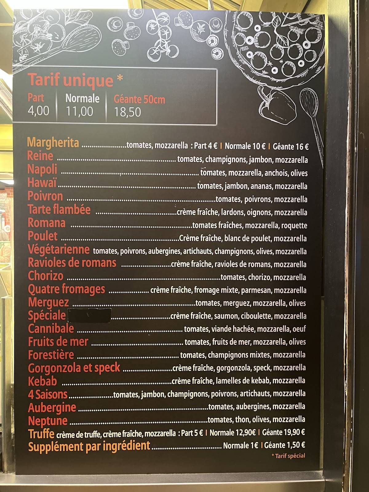 Menu au Pizza System restaurant, Monaco