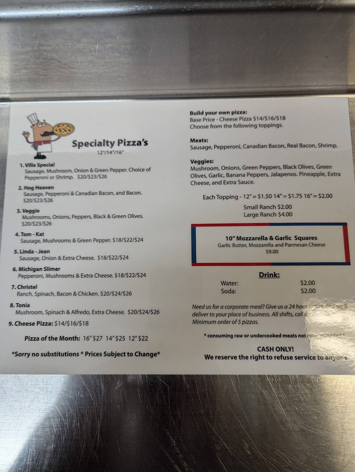 Menu at Pizza Villa pizzeria, Fort Atkinson