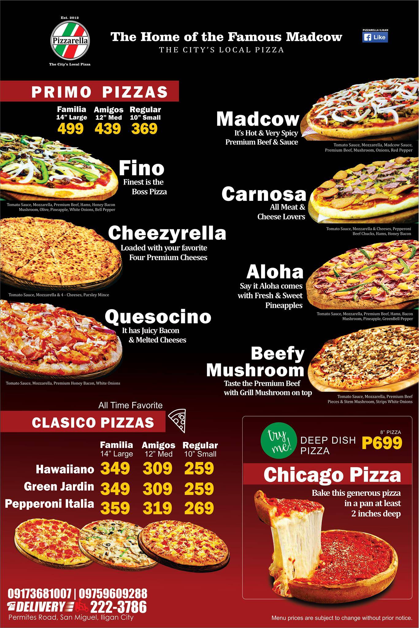 Carta de pizzería Pizzarella, Ciudad de Iligan, West Bend Street