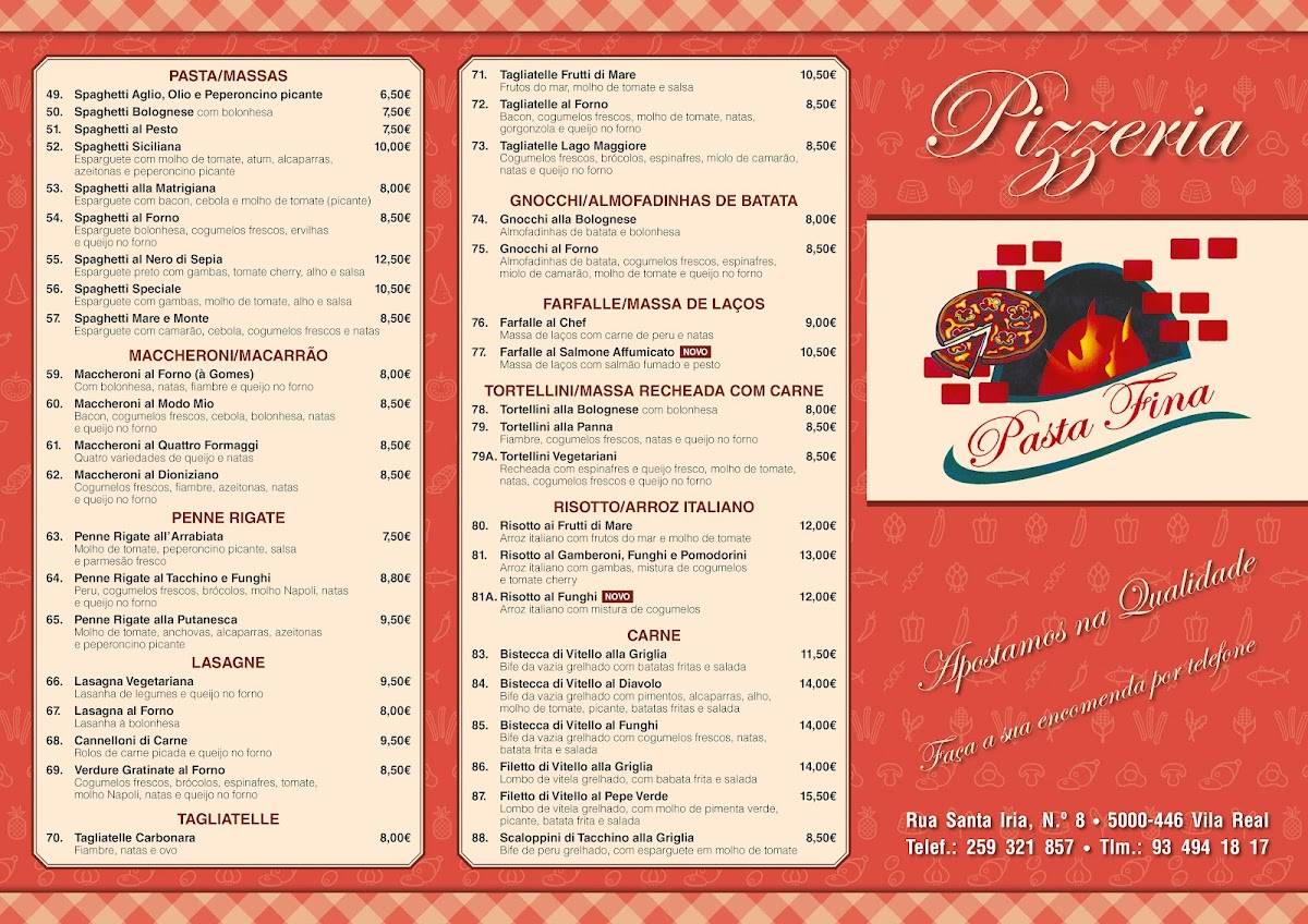 Menu at Pizzeria Pasta Fina - Vila Real, Vila Real