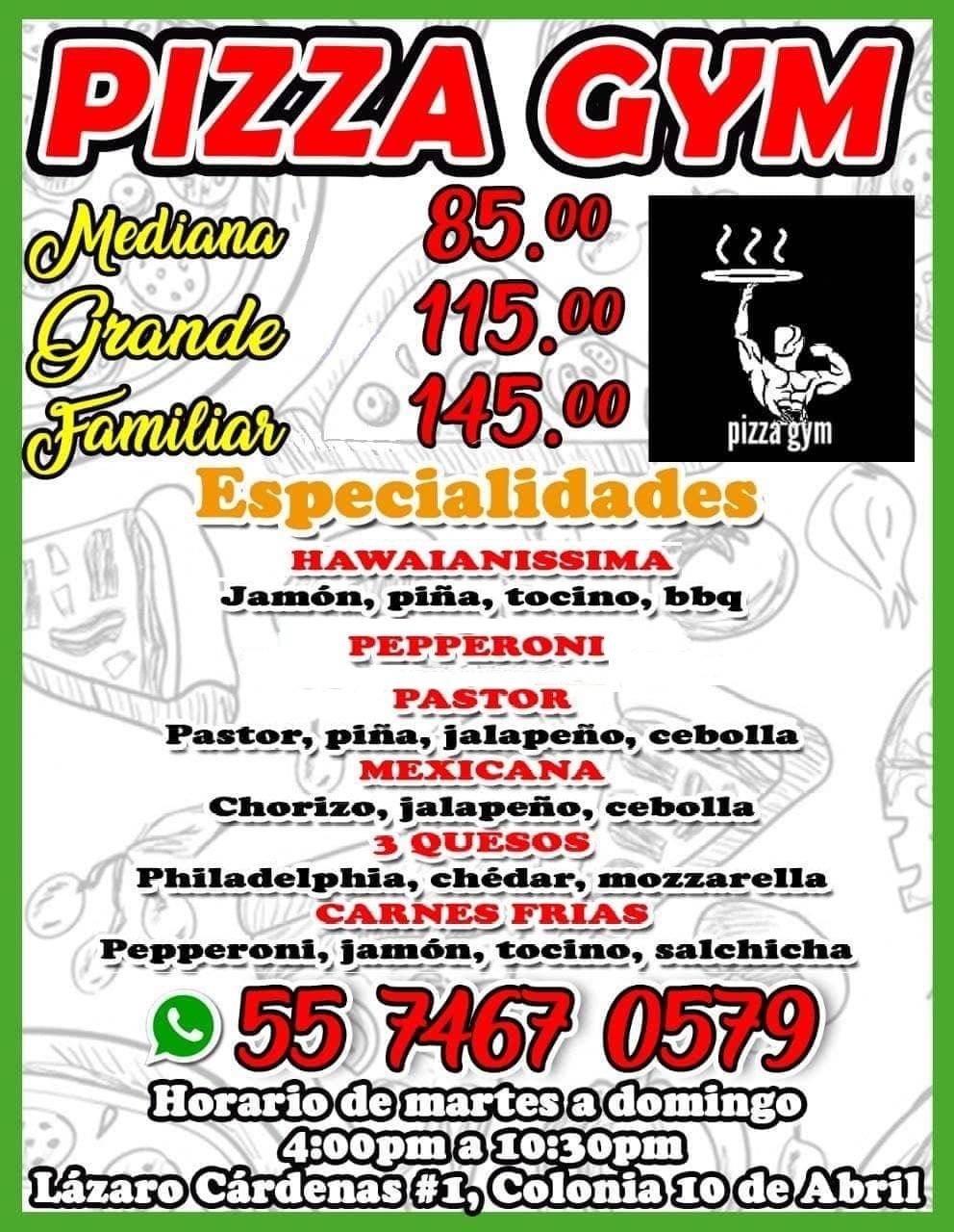 Menu at Pizzas Gym pizzeria, Mexico City