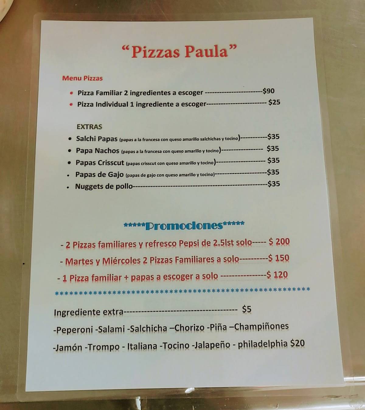 Carta del restaurante Pizzas Paula, Monterrey