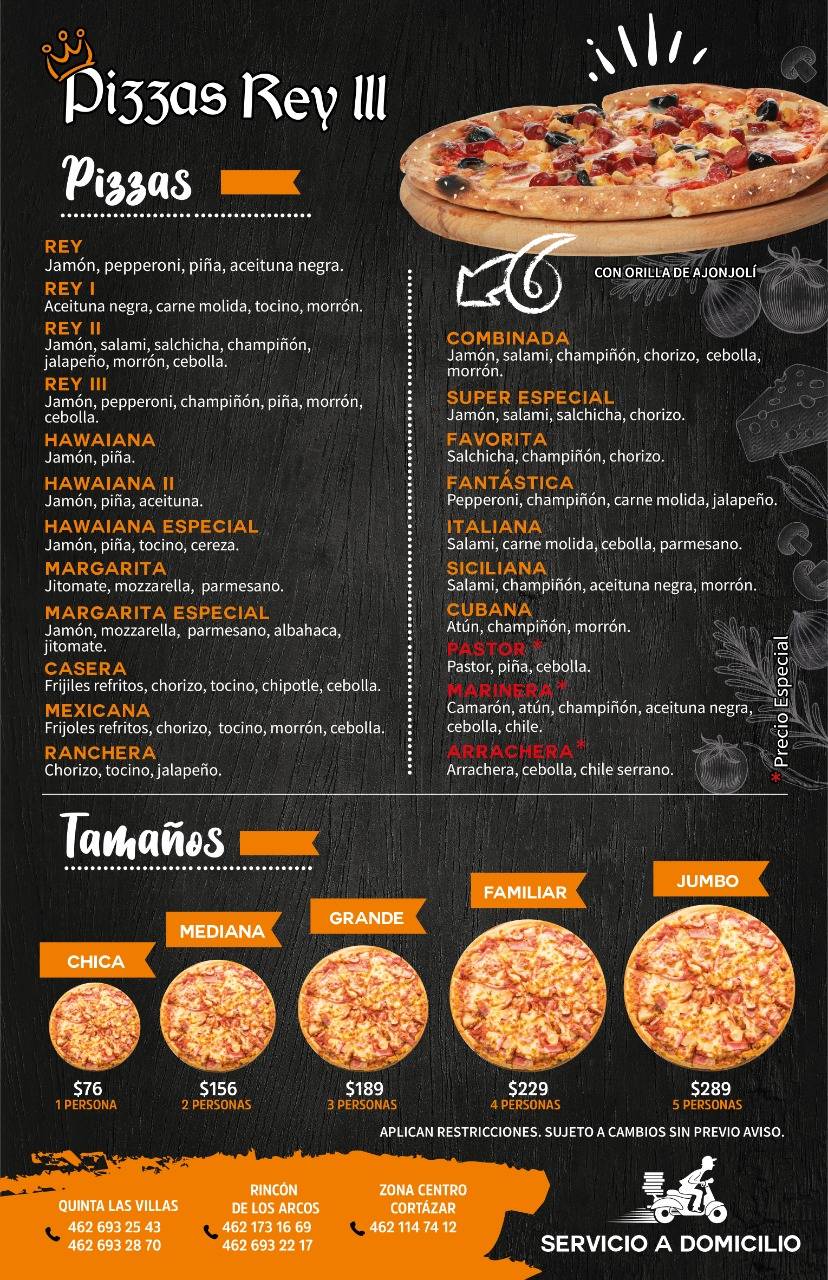Carta del restaurante Pizzas Rey III Quinta, Irapuato, Las Villas 465