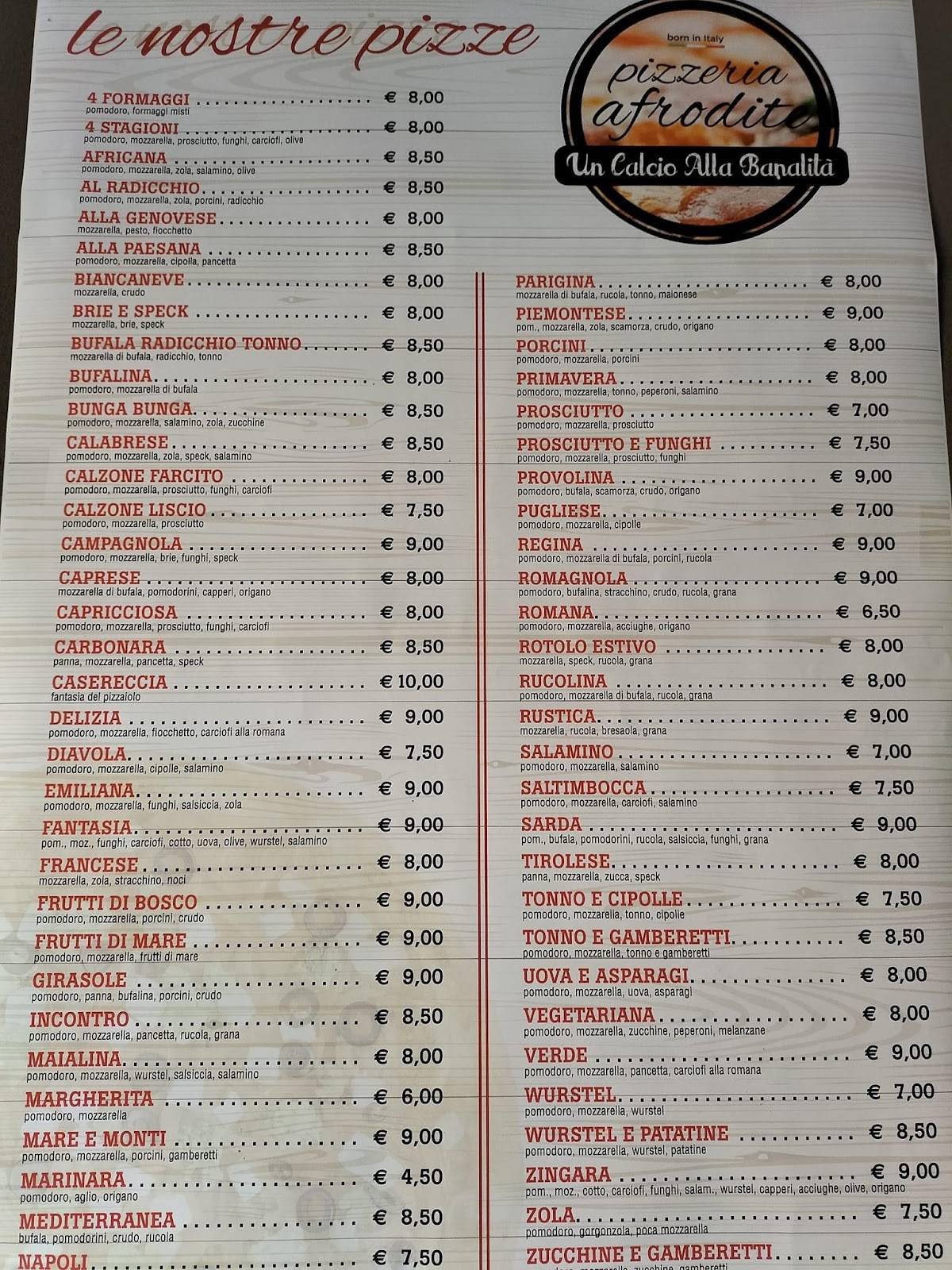 Menu at Pizzeria Afrodite Pescarolo, Pescarolo