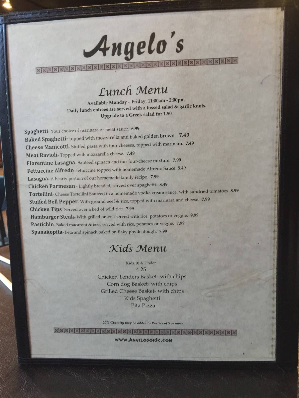 Menu at Angelo's Greek and Italian pizzeria, Batesburg-Leesville