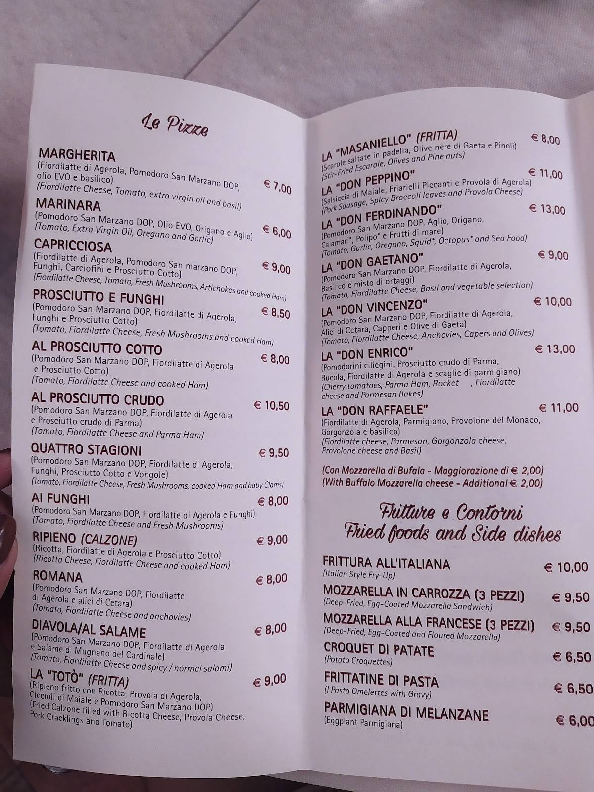 Menu at Pizzeria Brandi, Naples, Salita S. Anna di Palazzo