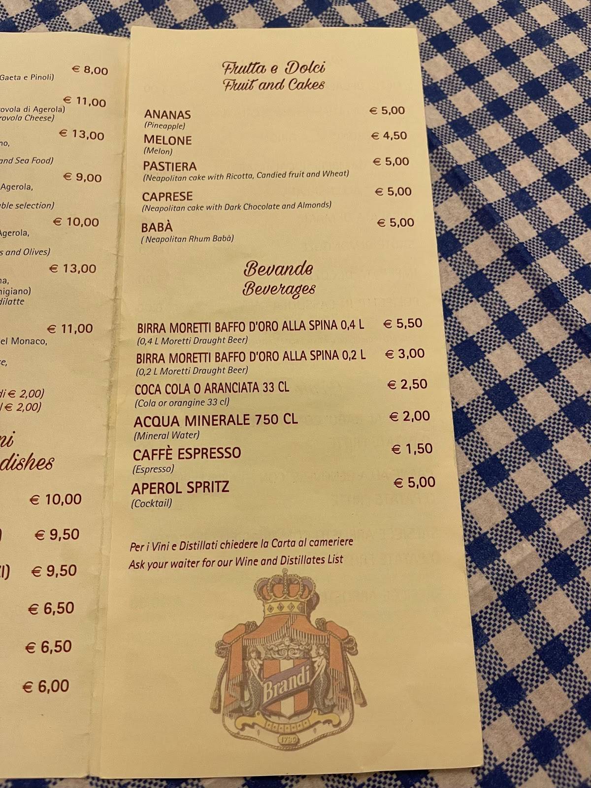 Menu at Pizzeria Brandi, Naples, Salita S. Anna di Palazzo