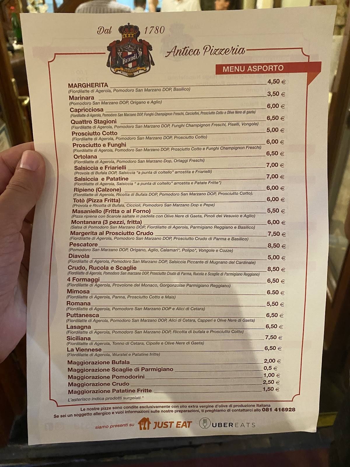 Menu at Pizzeria Brandi, Naples, Salita S. Anna di Palazzo