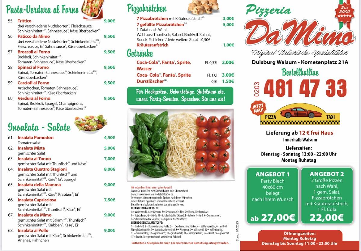 Speisekarte von Pizzeria Da Mimo, Duisburg, Kometenpl. 21