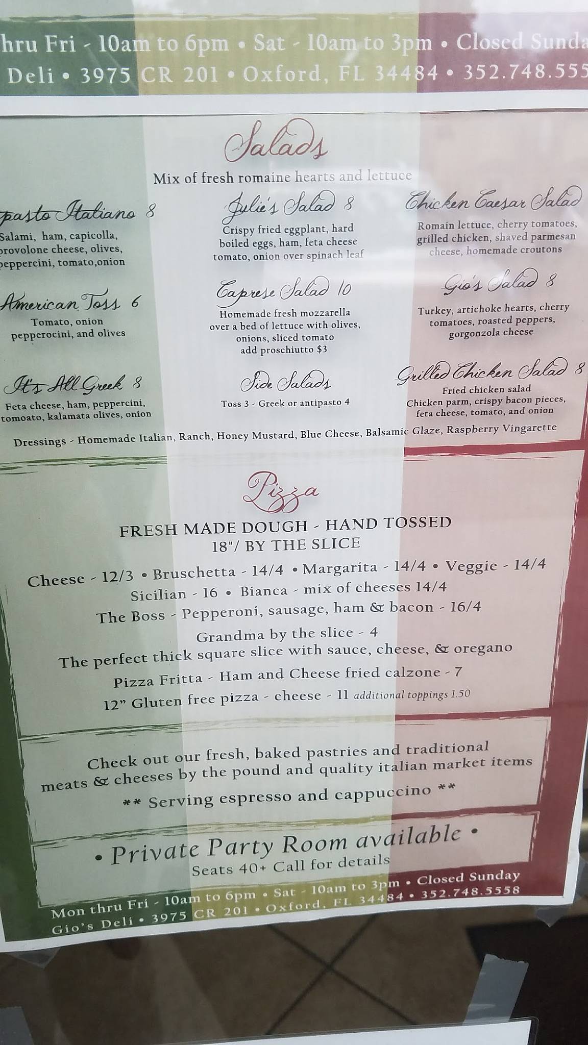 Menu at Gio's Deli cafe, Oxford