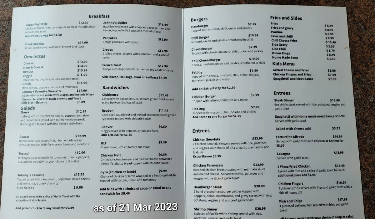 Menu at Johnny's Maples Pizza & Restaurant, Winnipeg
